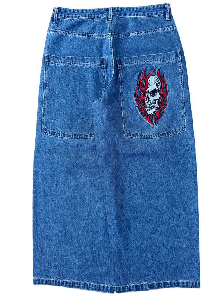 Blue Wide Leg GLOE Flaming Skull Jeans – Gloe Product, Inc.